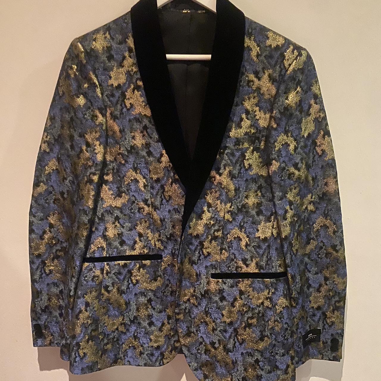 Moss Bros Skinny Fit Blazer in blue and gold... | Depop