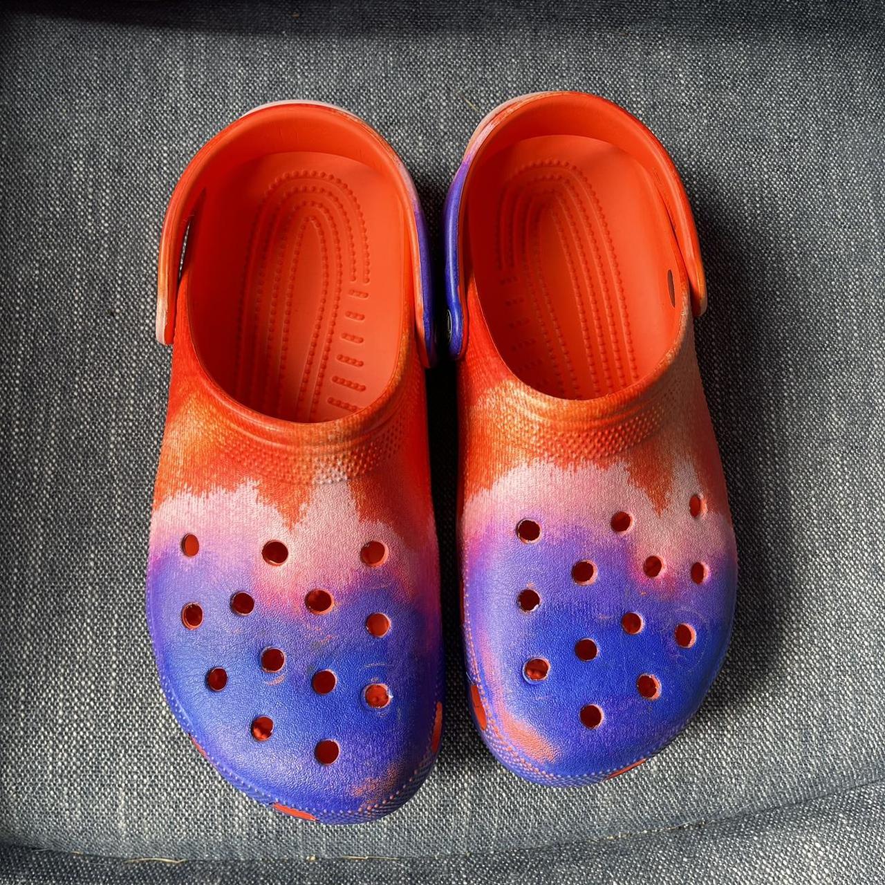Trendy orange to purple tie-dye gradient Crocs. In... - Depop