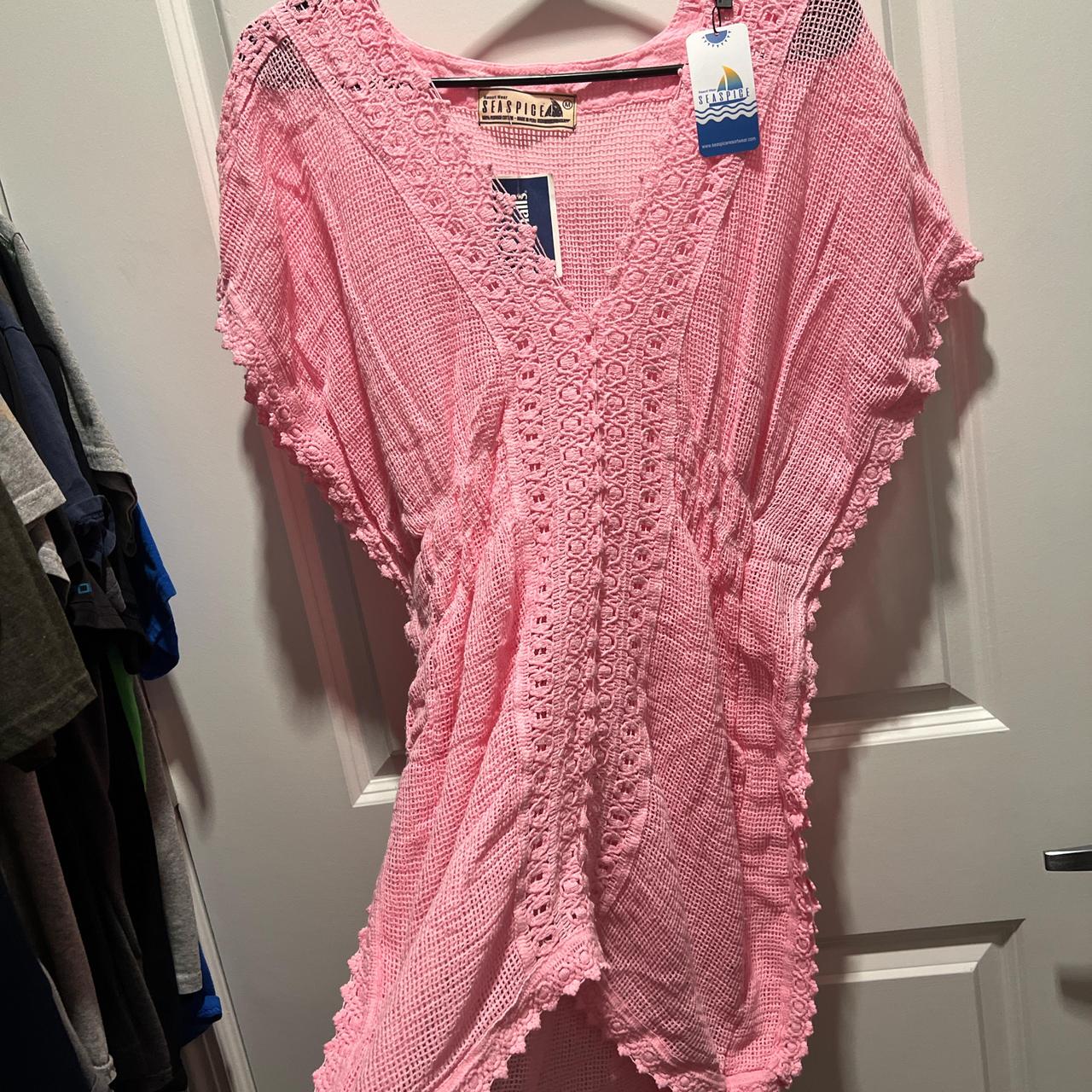Pink see through beach cover up. Mini length - Depop