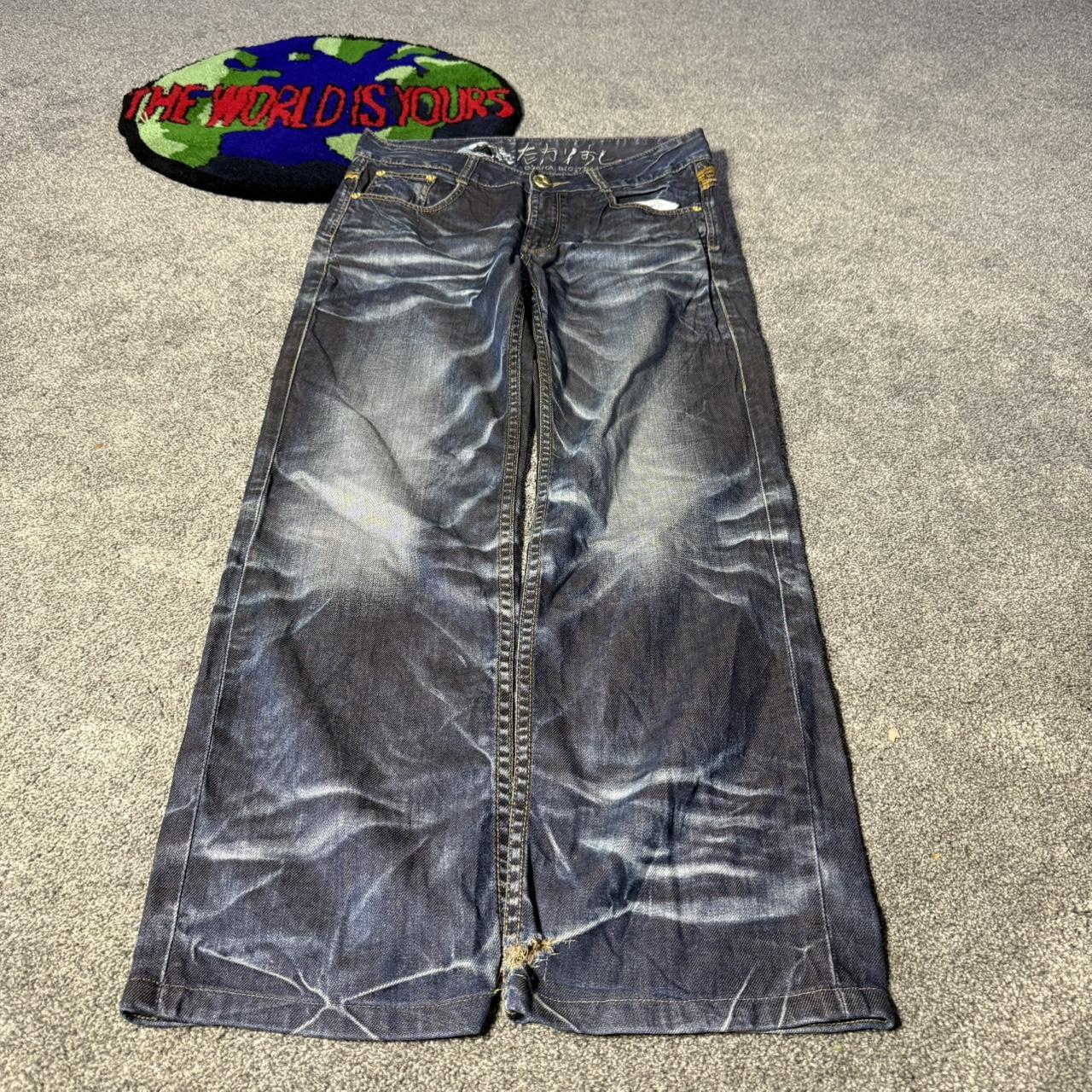 NAVY ACID WASHED JAPANESE EMBROIDERED JEANS... | Depop