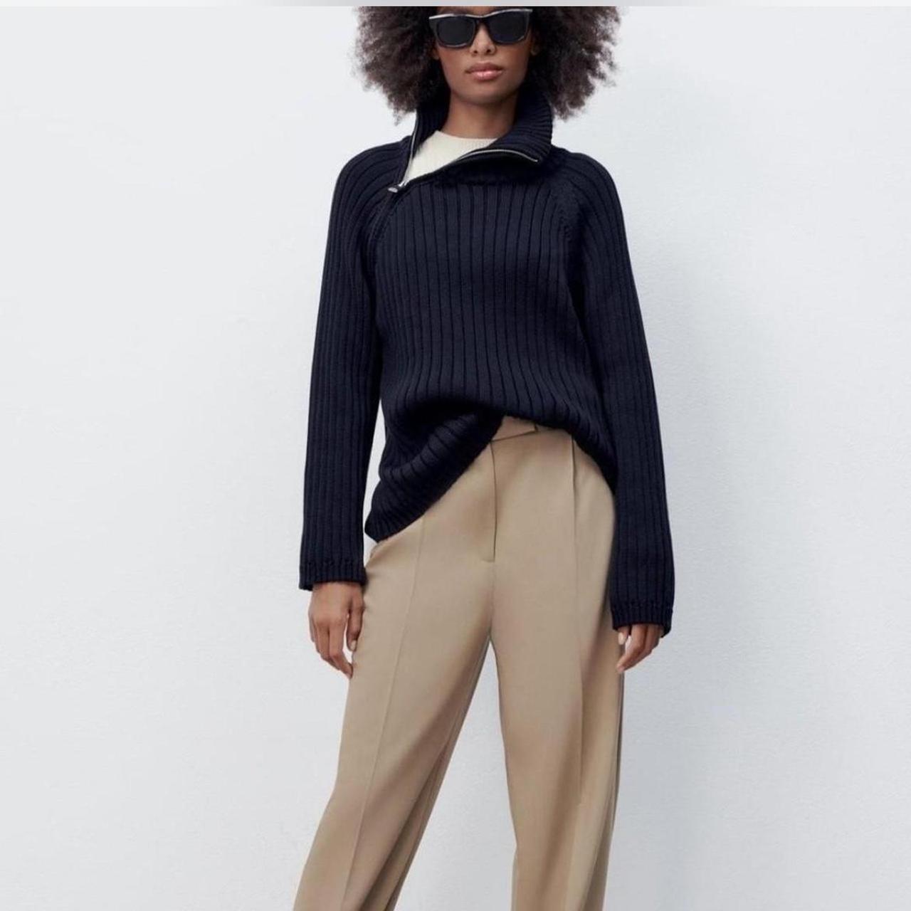 Zara half zip asymmetric jumper in navy Size M - Depop