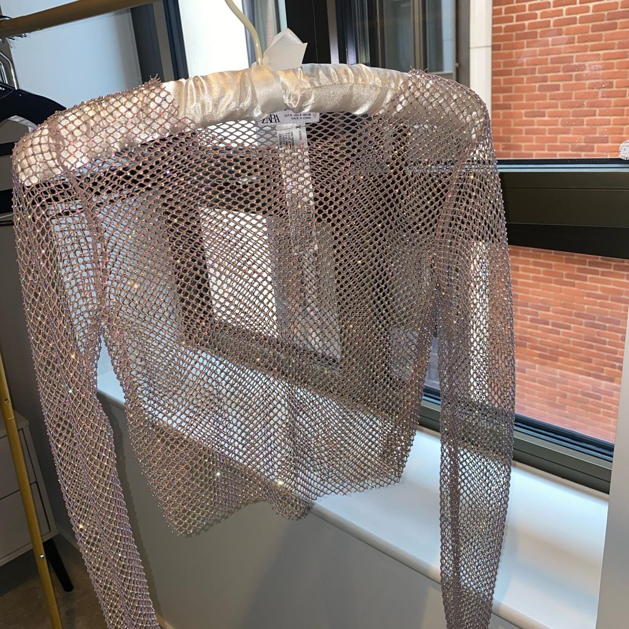 ZARA 2023 Crystal Silver Rhinestone Mesh Shiny CROP... - Depop