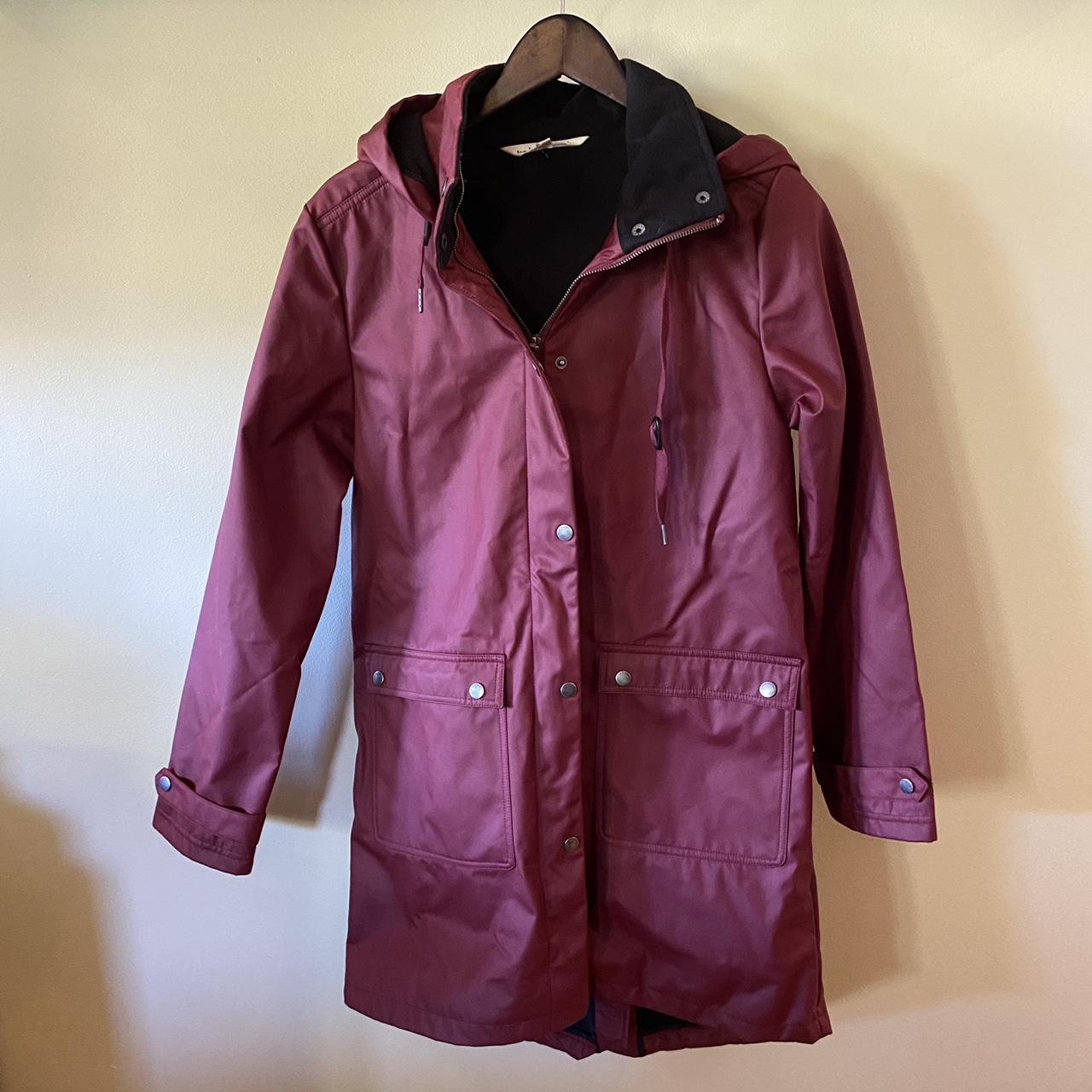 Burgundy waxed canvas raincoat by Mia Melon.... - Depop