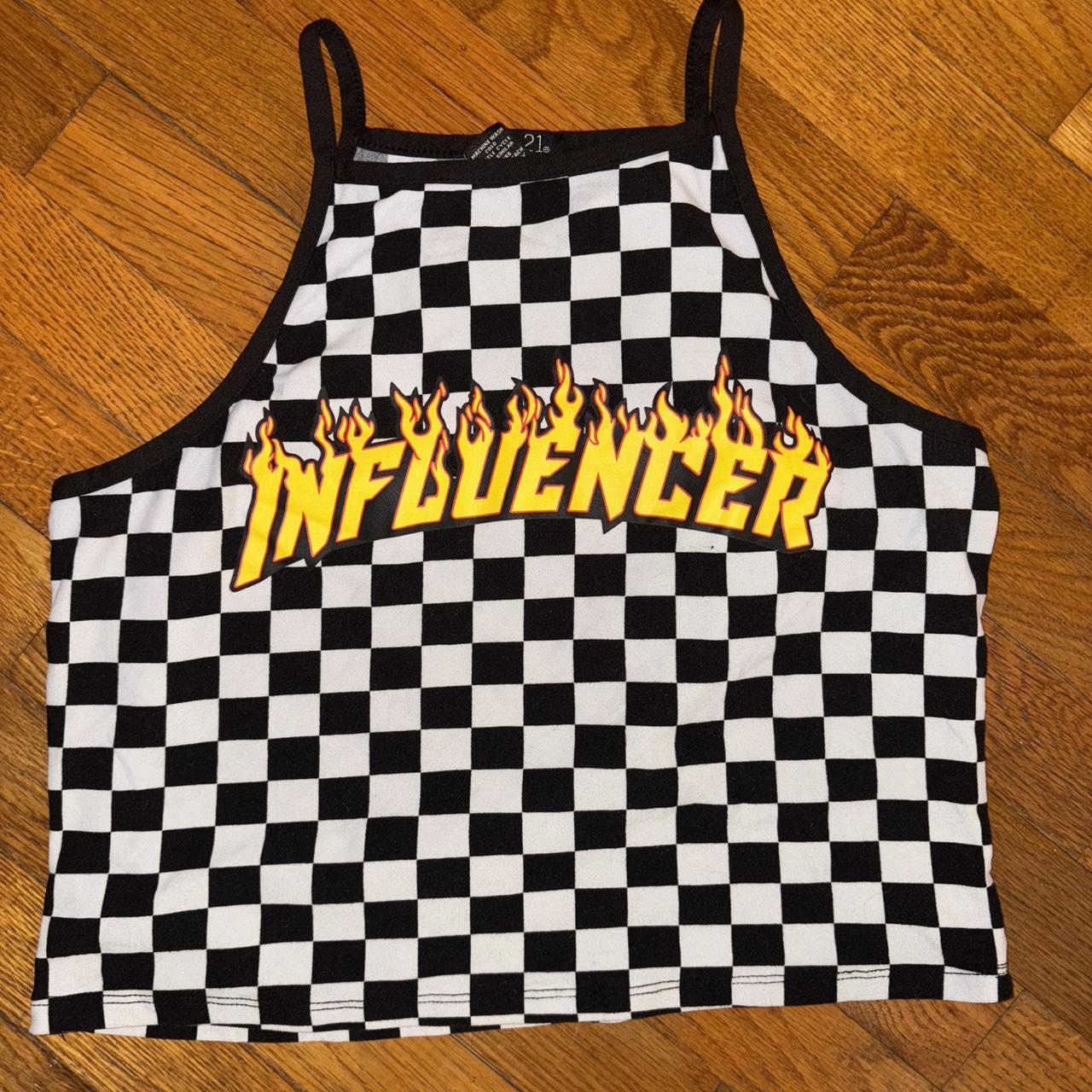 Black and white checkered tank top with yellow... - Depop
