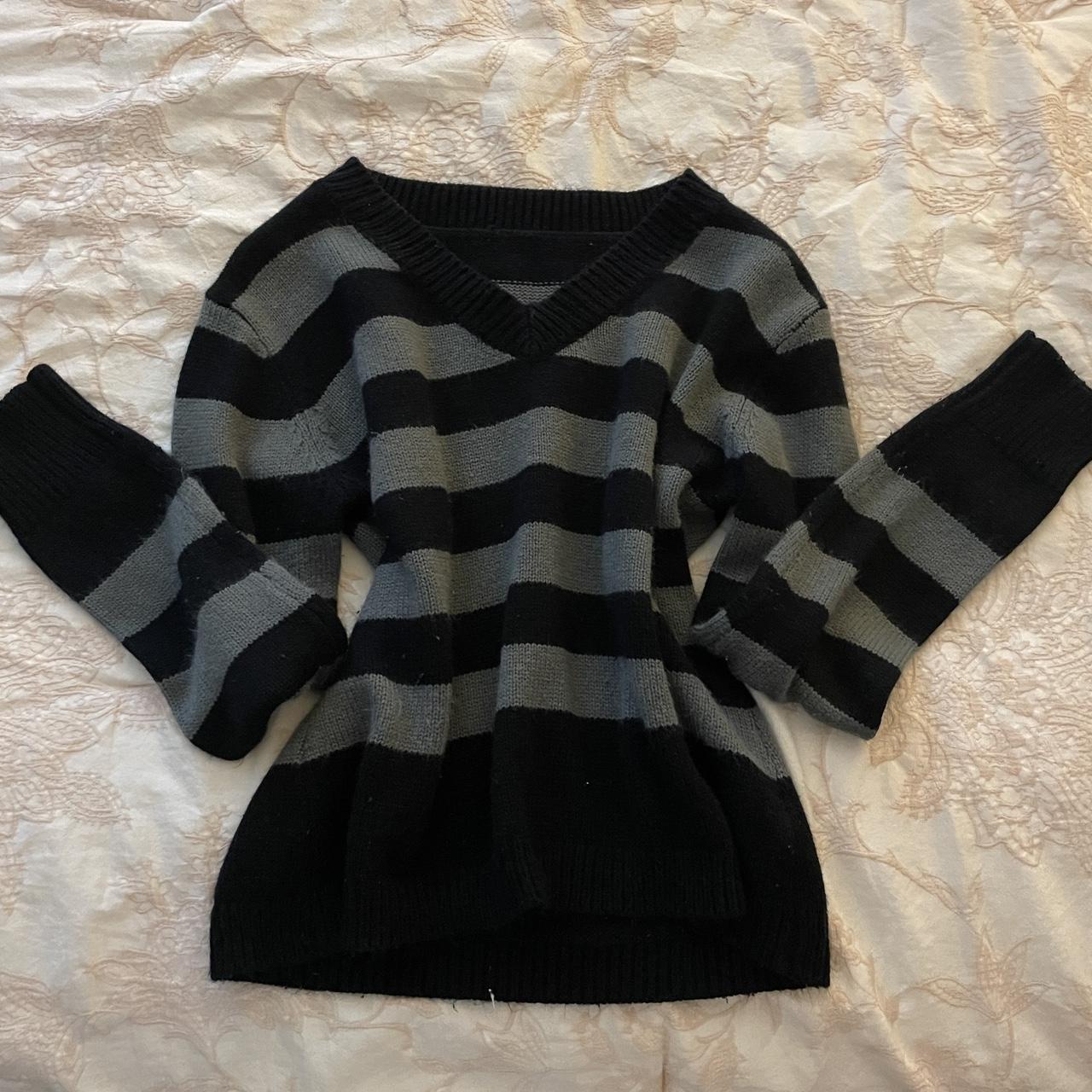 long sleeved grunge striped black and grey sweater,... - Depop