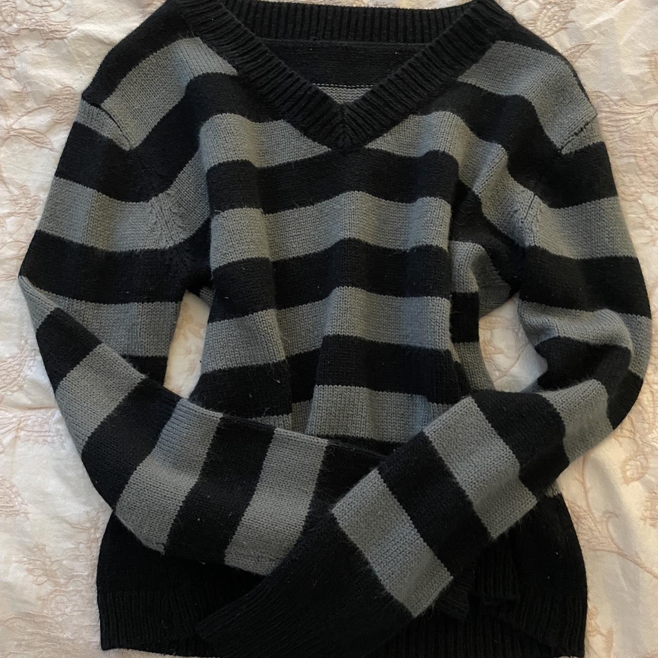 long sleeved grunge striped black and grey sweater,... - Depop