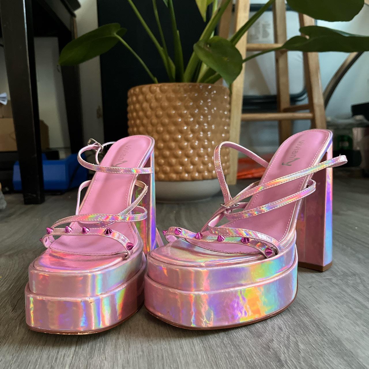 Metallic Pink Open Toe Platform Heels Spikes Ankle... - Depop