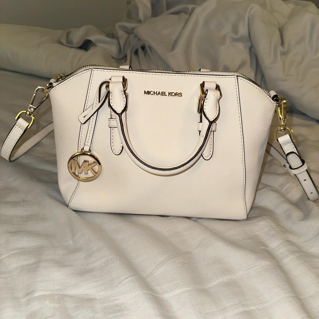 Michael Kors White Leather Purse with Gold Accents - Depop