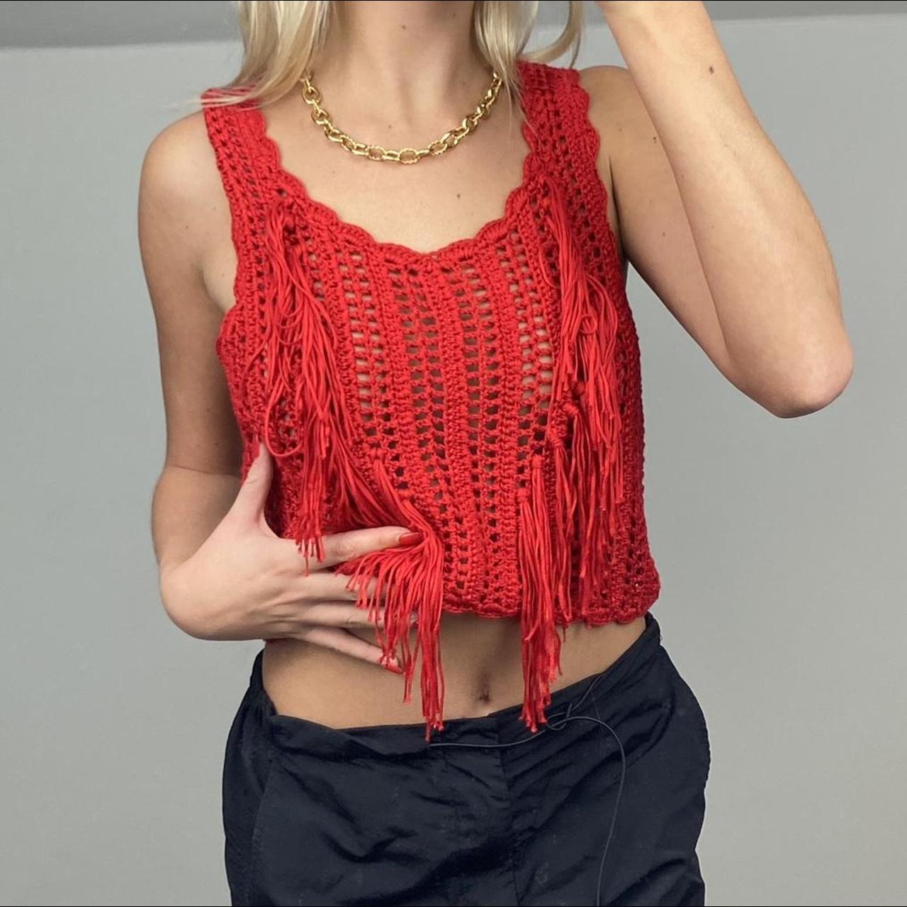 Funky red knit vest top Fringed front Perfect for... - Depop