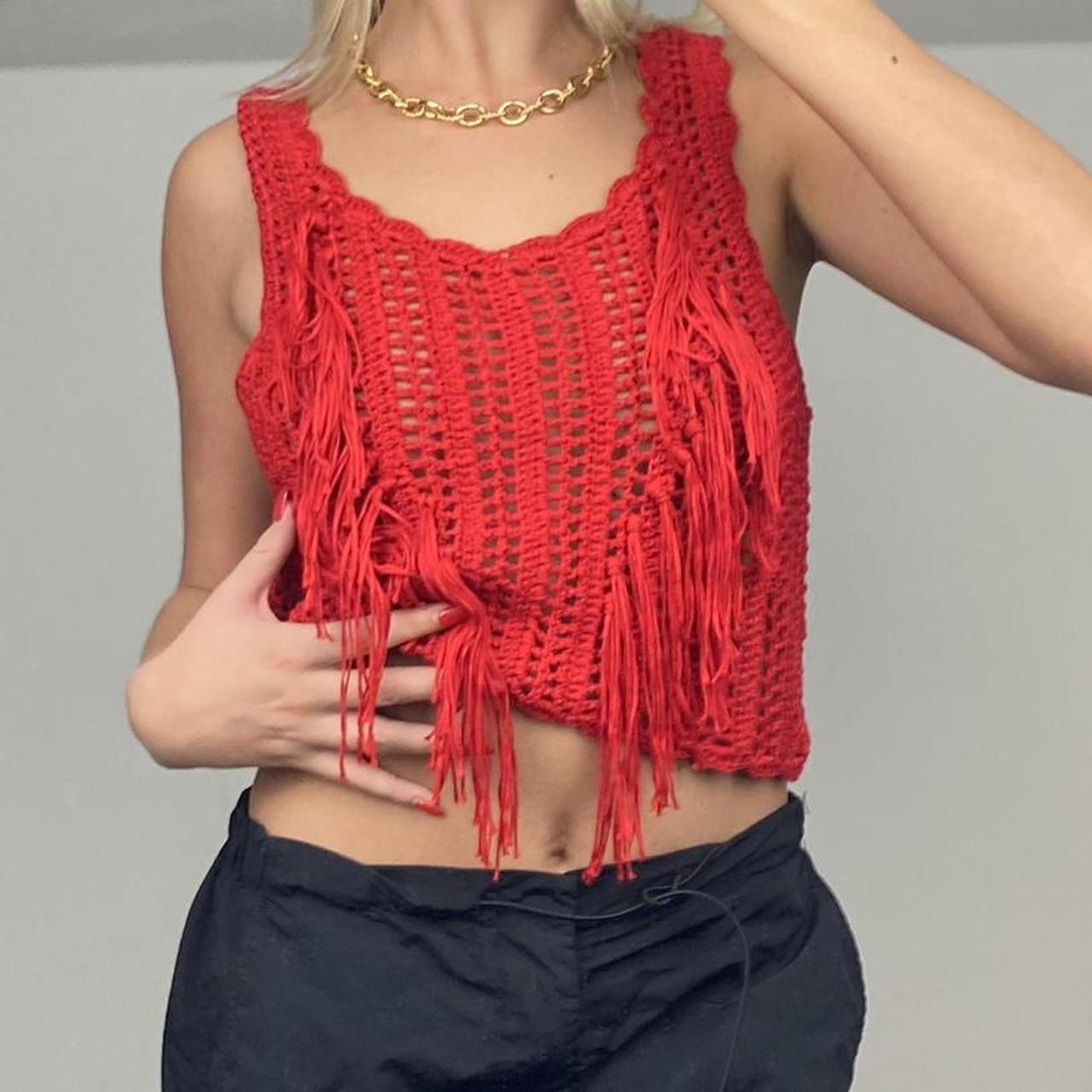 Funky red knit vest top Fringed front Perfect for... - Depop