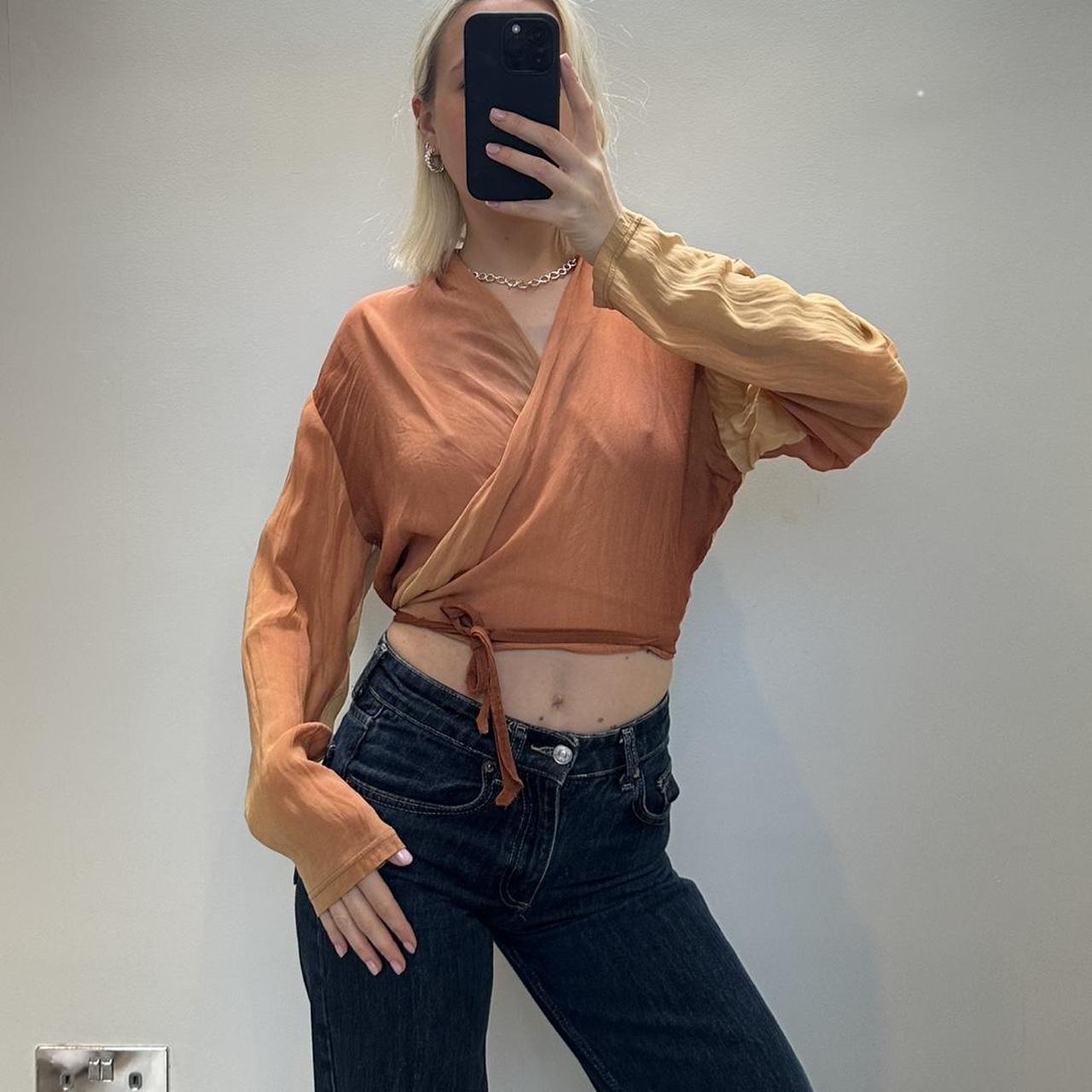 Vintage 90s orange and yellow wrap up top Long... | Depop