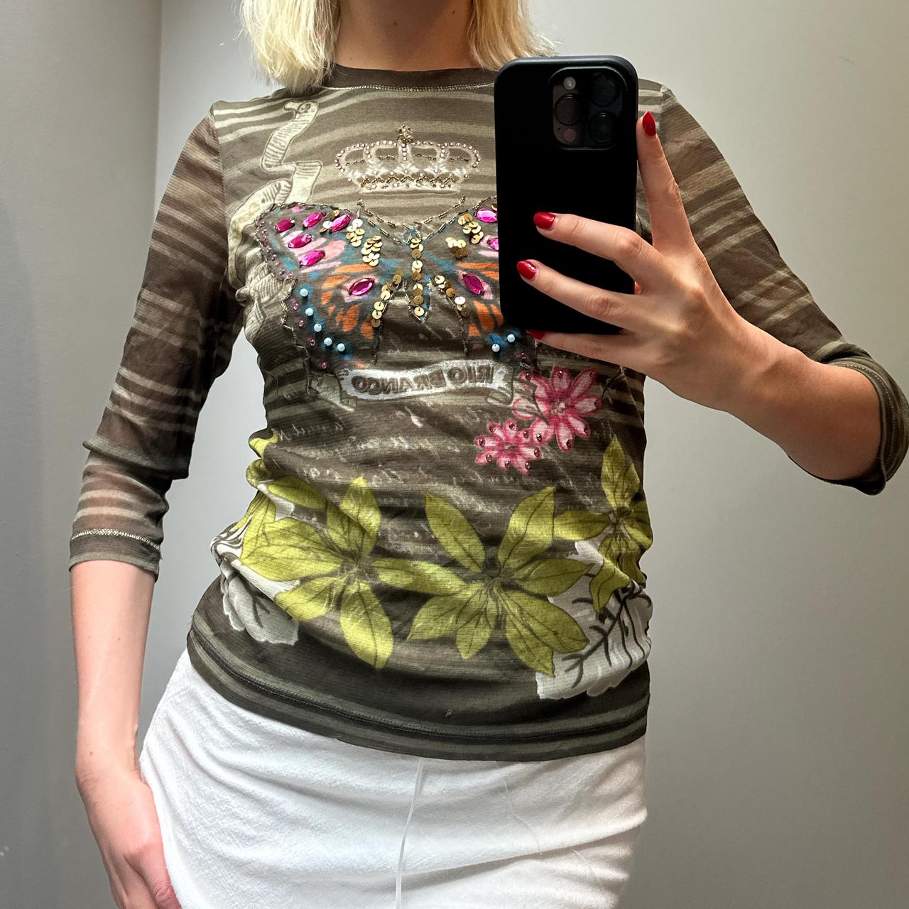 Vintage 2000s mesh green long sleeve graphic print... | Depop