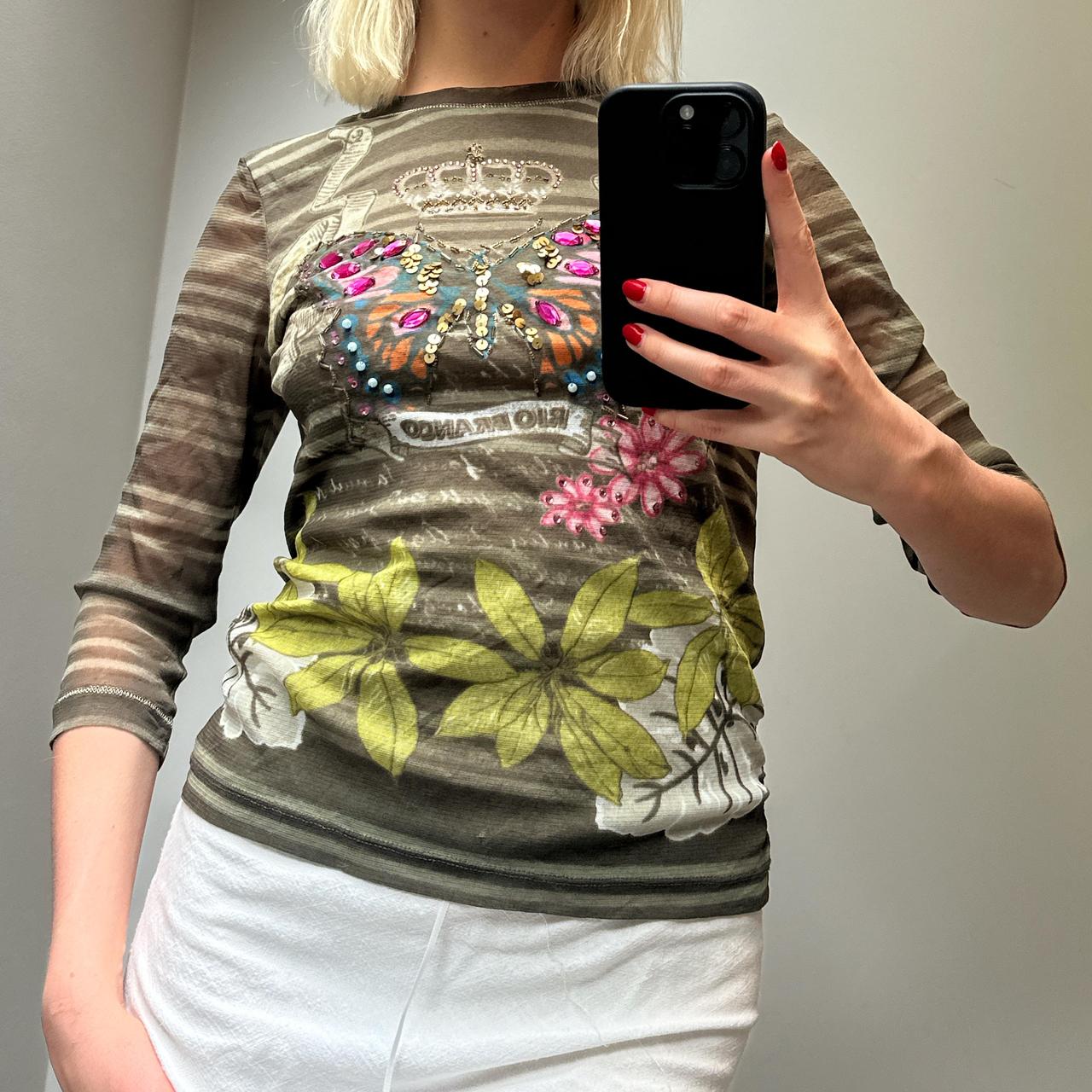 Vintage 2000s mesh green long sleeve graphic print... | Depop