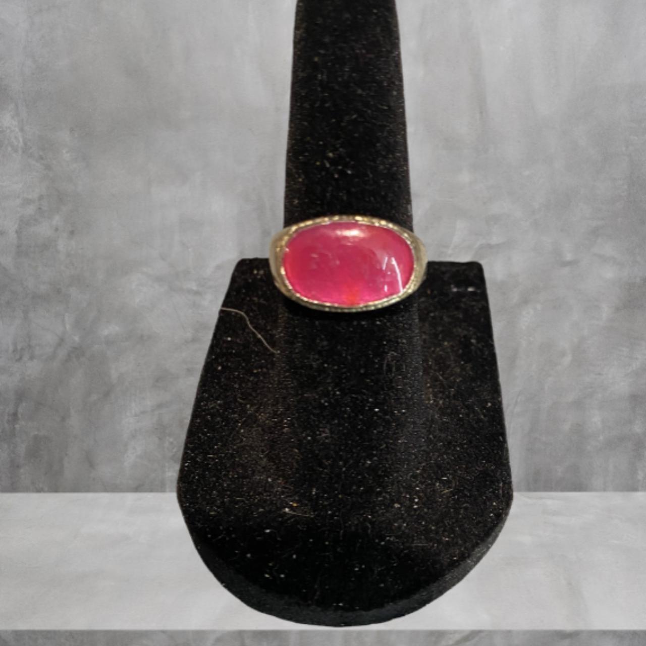 BRIGHT PINK RING -- Gold Toned with Bright... | Depop