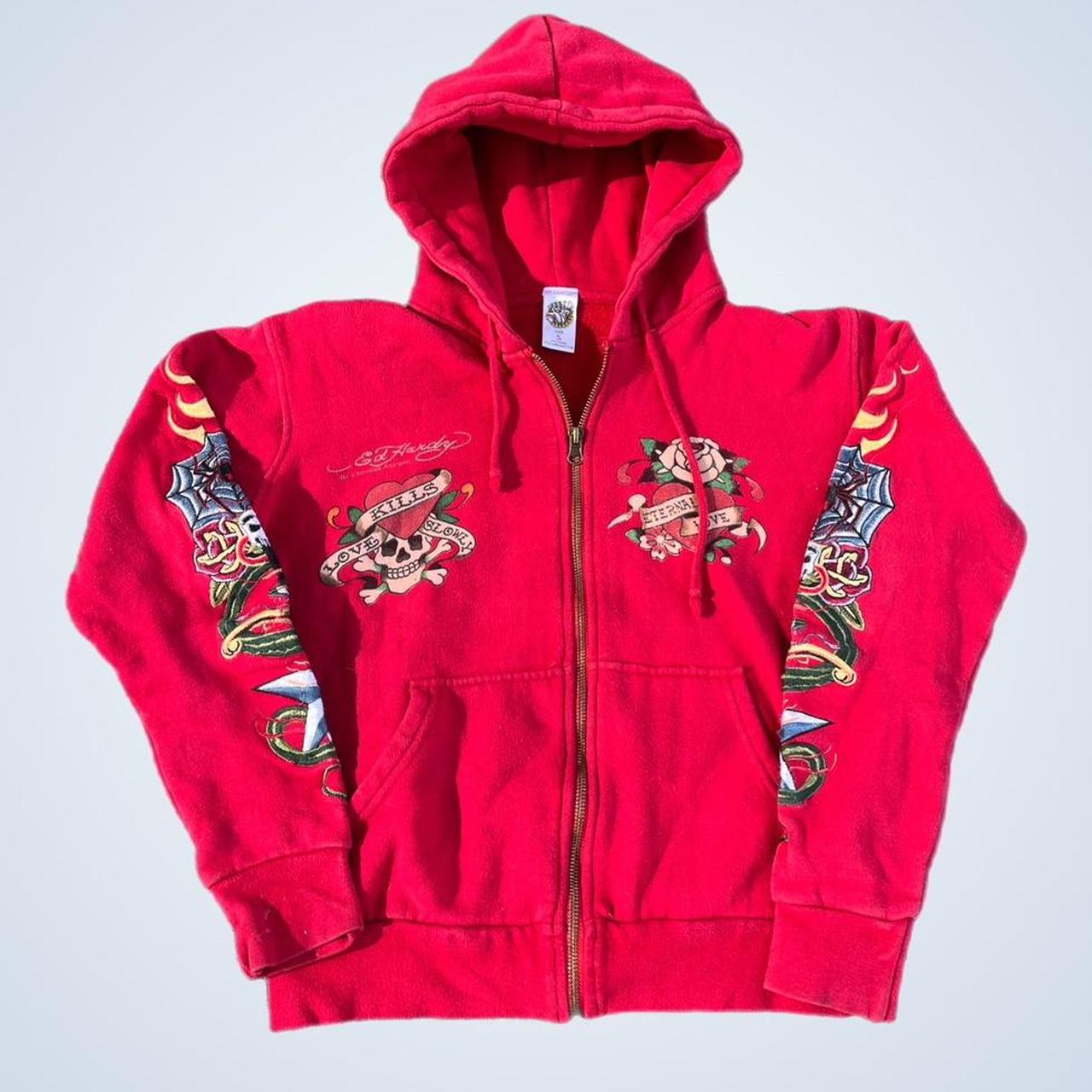 Red Ed Hardy Zip Up Jacket with Sleeve Hits Size... - Depop