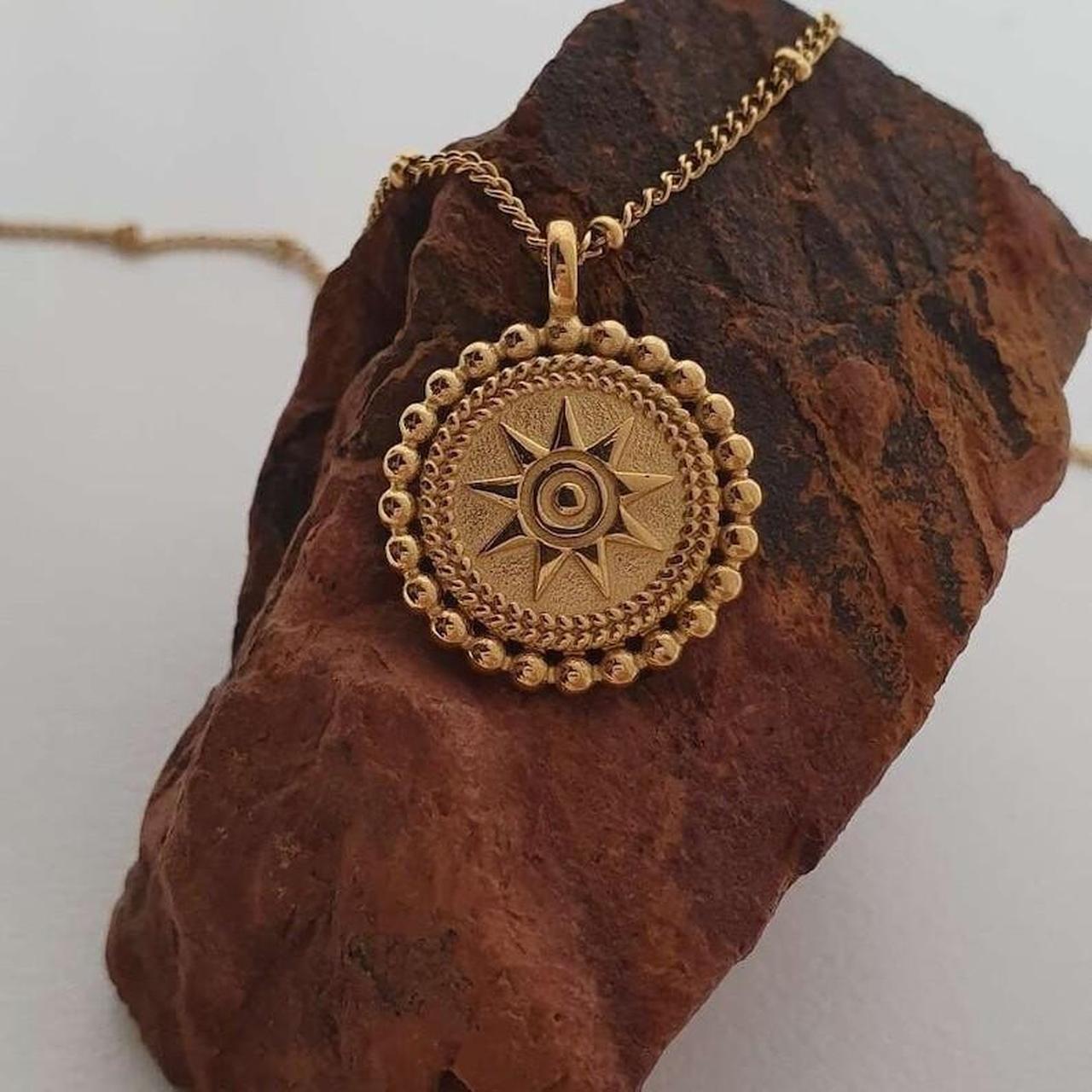 18K Gold Sunburst Coin Pendant Necklace, Sun Pendant... - Depop