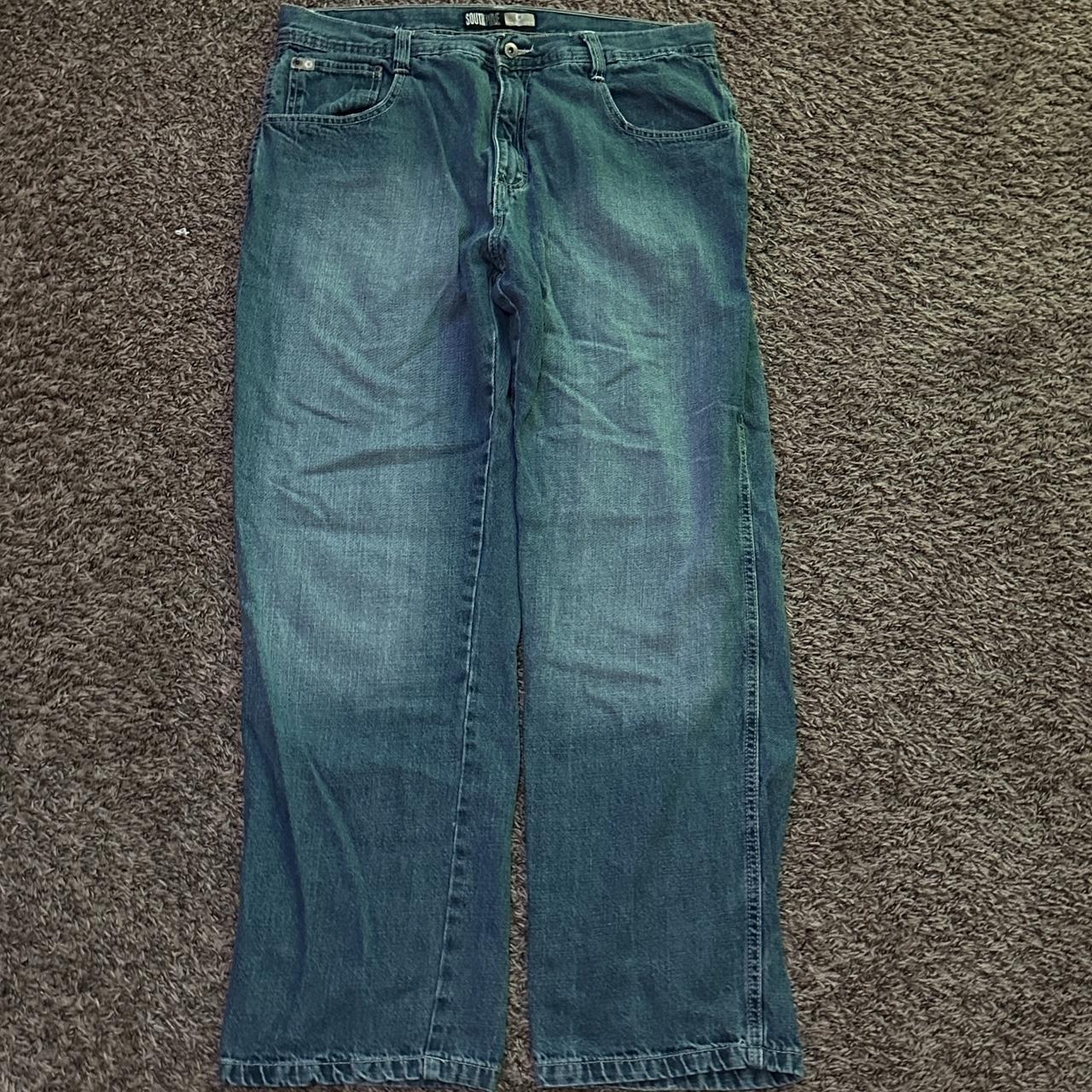 southpole tan tab blue jeans sick wash on the front... | Depop