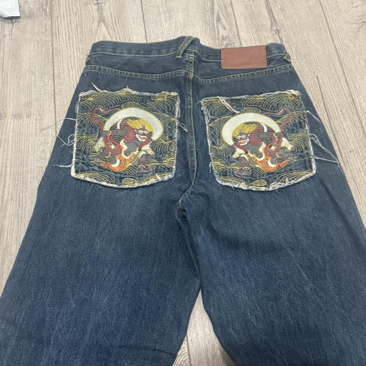 RMC Japanese denim jeans with unique embroidery on... | Depop