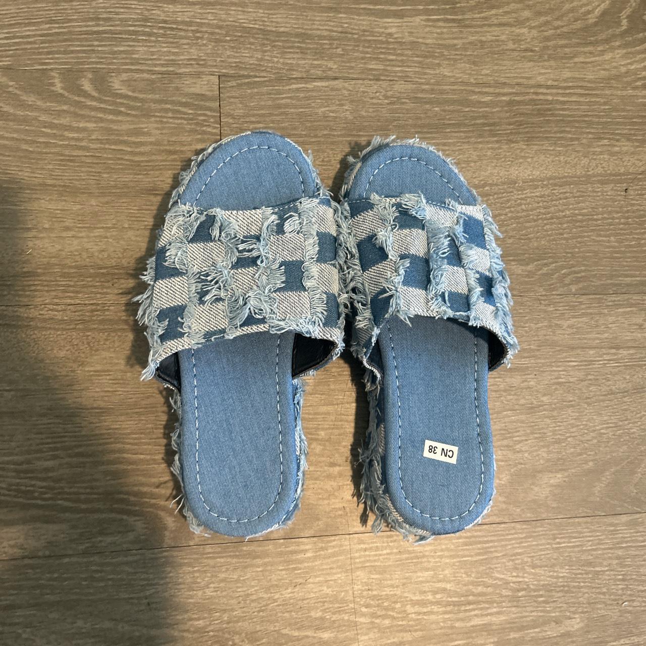 Jean Distressed Slides - Depop