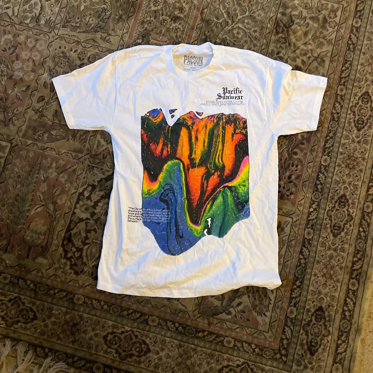 white graphic tee shirt with colorful design - Depop
