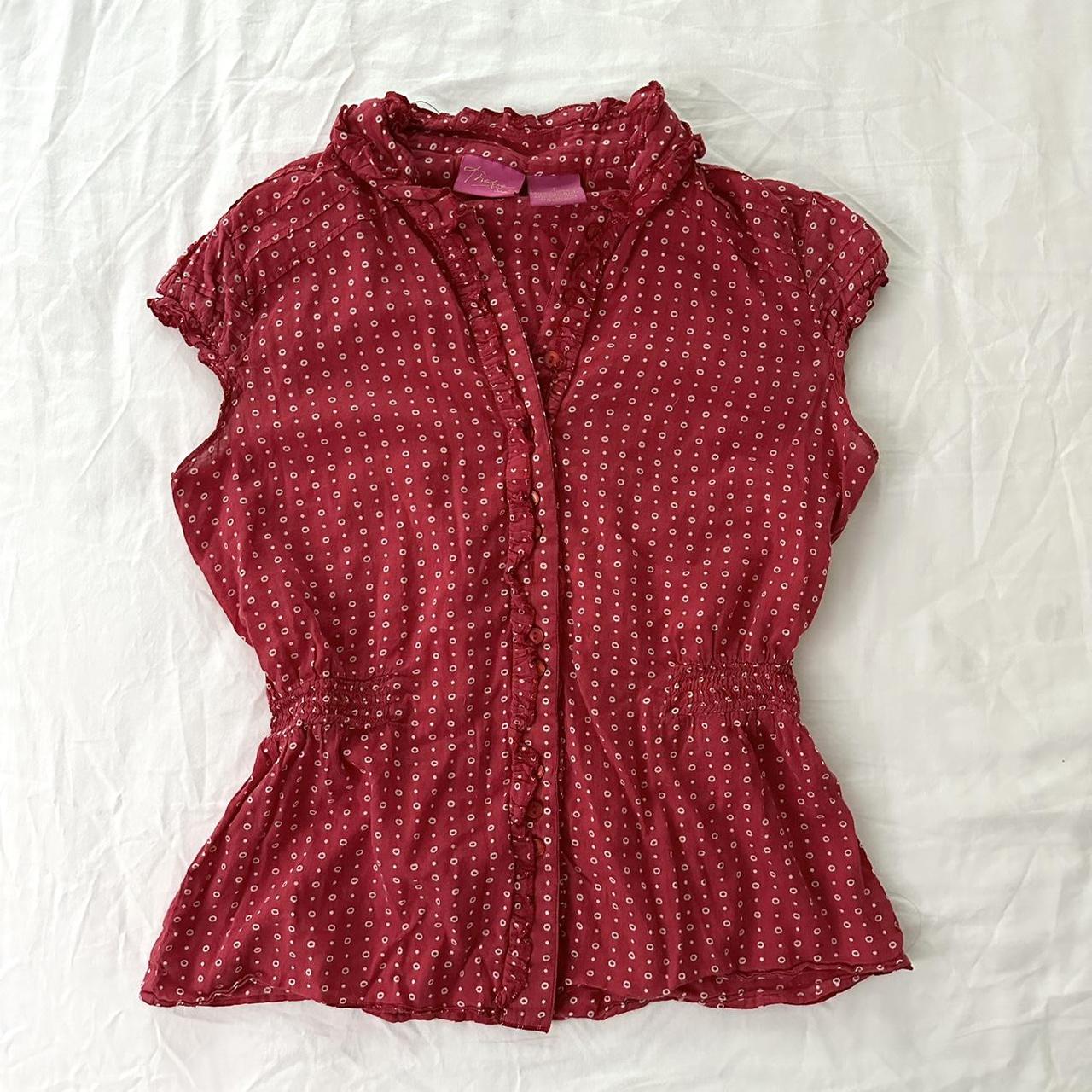 red frilly milkmaid top button up babydoll blouse... - Depop
