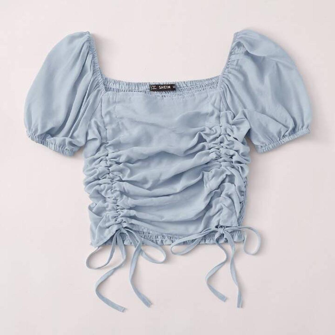 SheIn Baby Blue Shirred Back Drawstring Ruched... - Depop