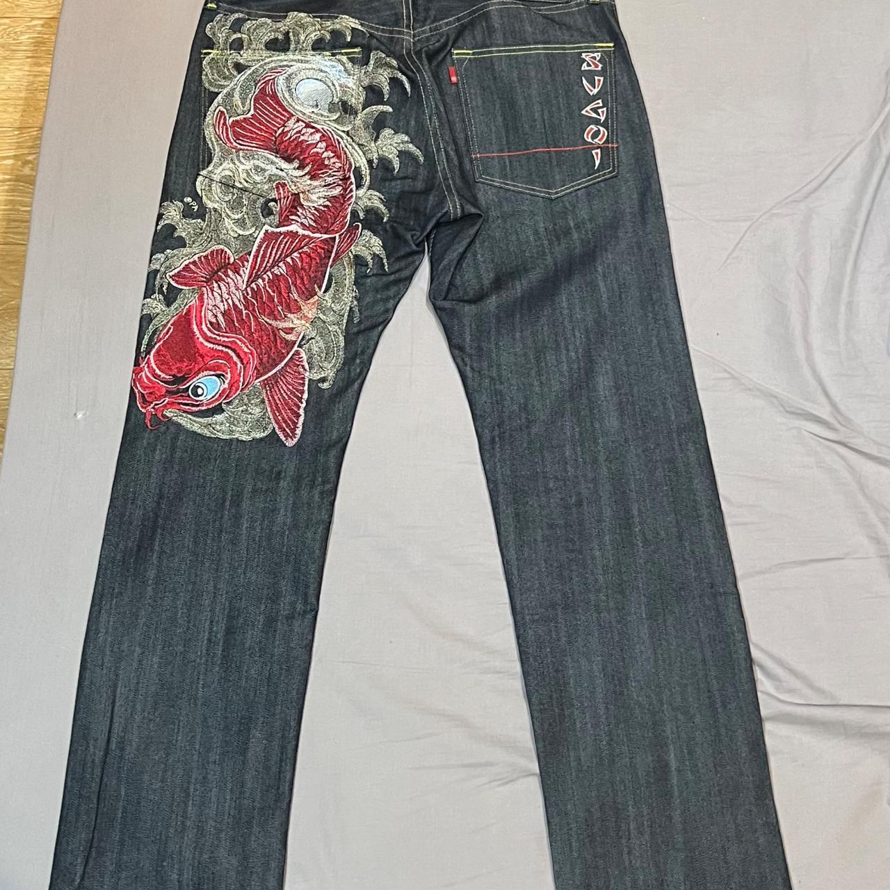 Sugoi Embroidery Jeans Japanese Koi fish tattoo... - Depop