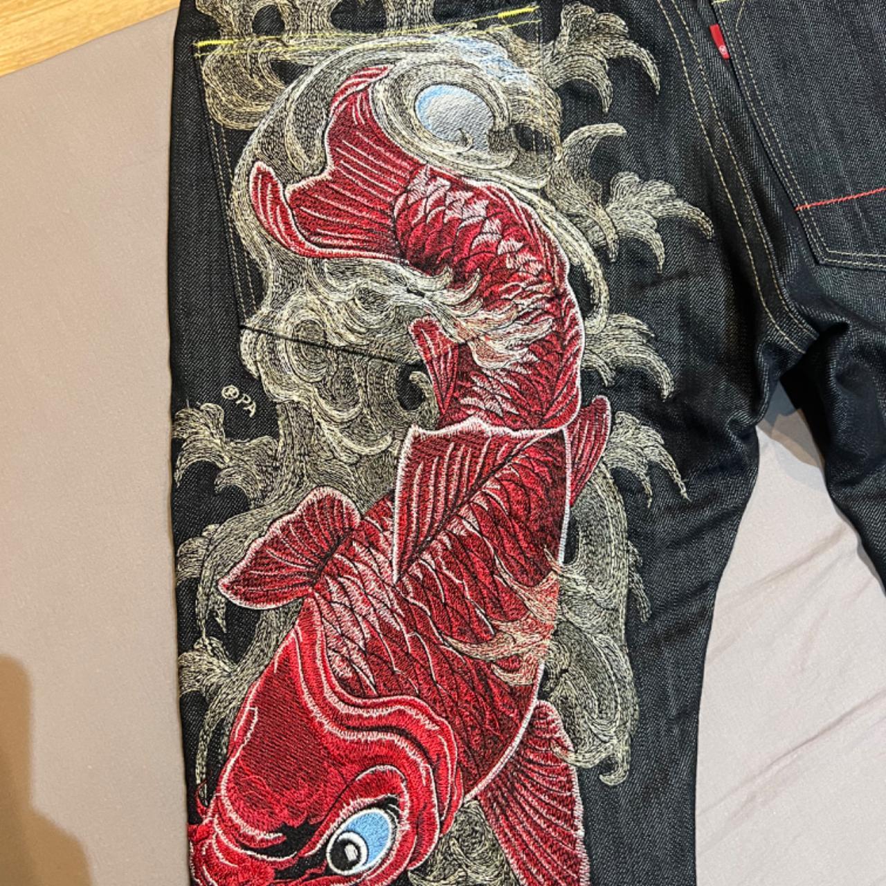 Sugoi Embroidery Jeans Japanese Koi fish tattoo... - Depop