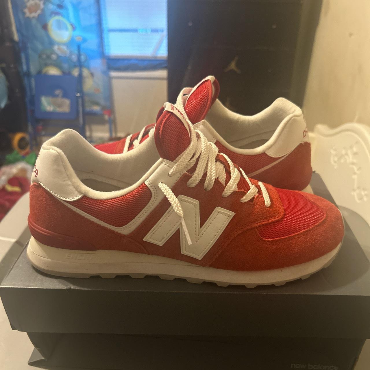 Red and white Newbalance 574 comfortable... - Depop