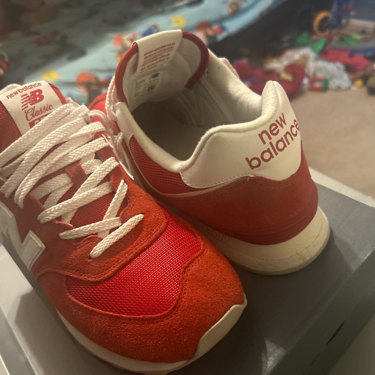 Red and white Newbalance 574 comfortable... - Depop