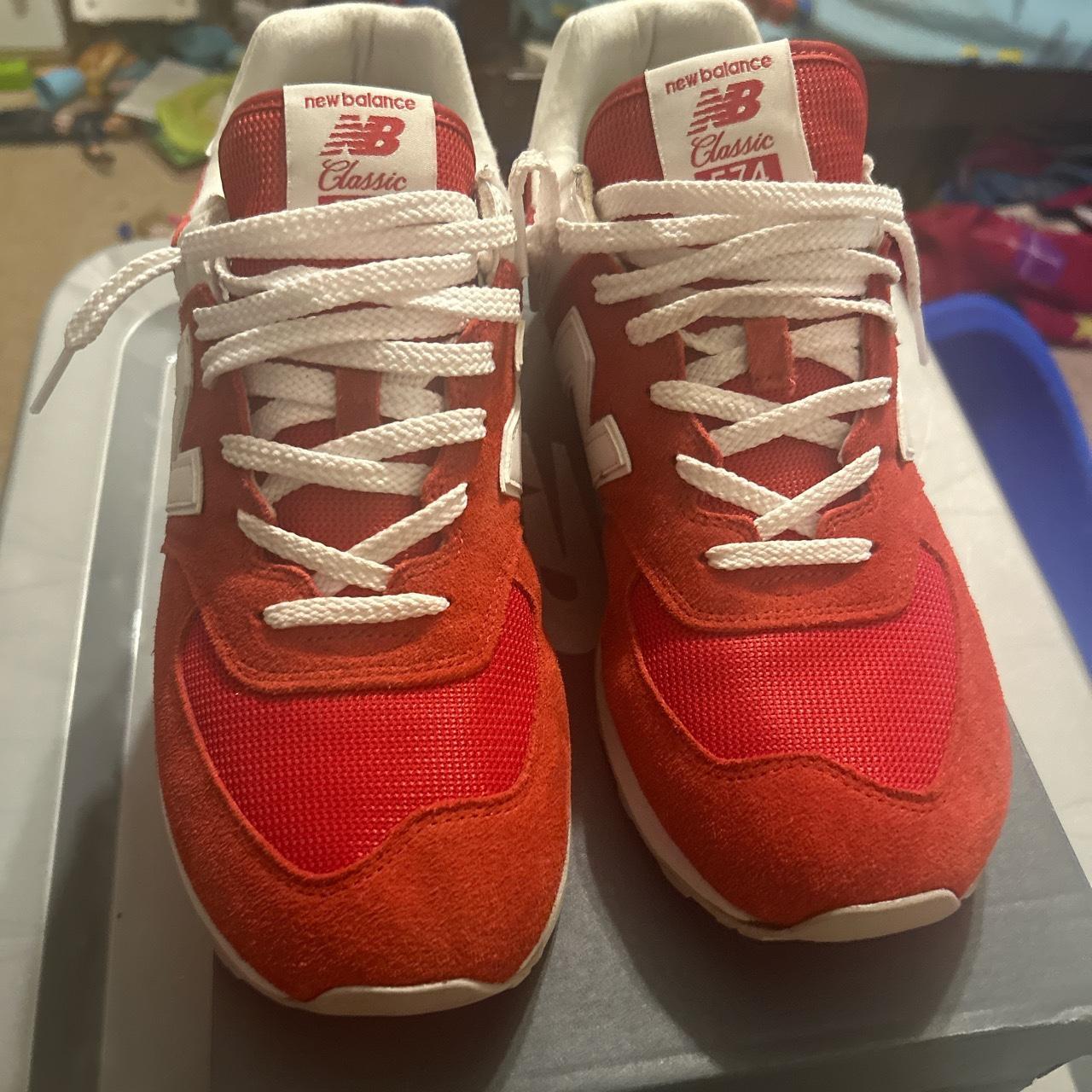 Red and white Newbalance 574 comfortable... - Depop