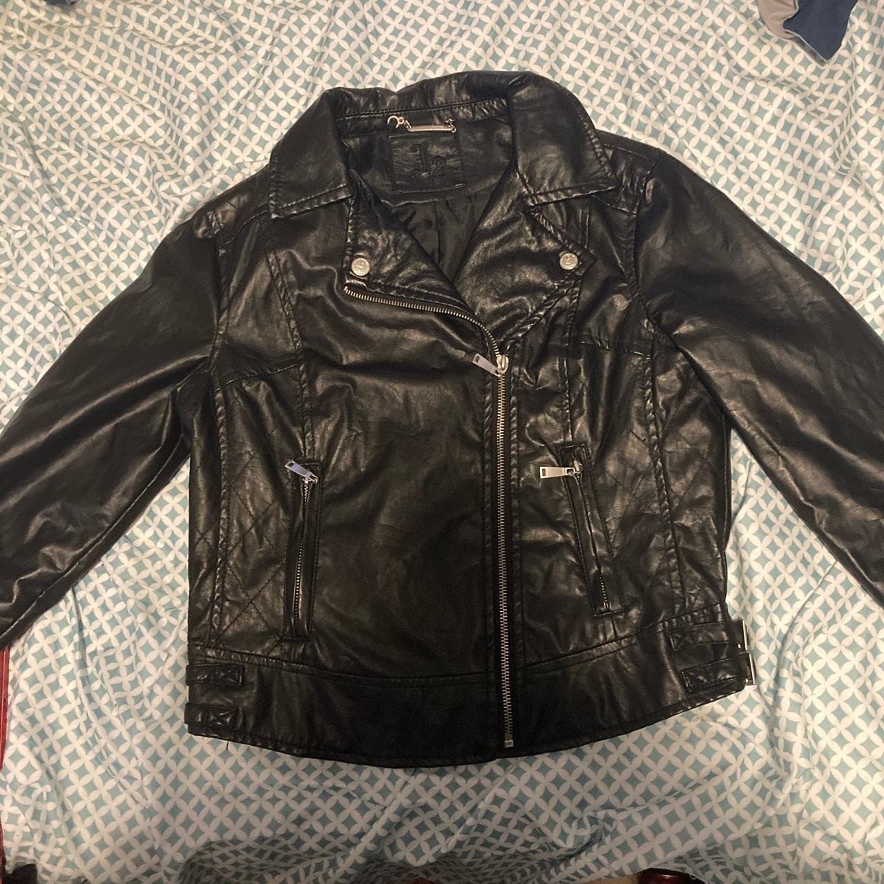 A fake leather jacket worn a few times, a medium in... - Depop