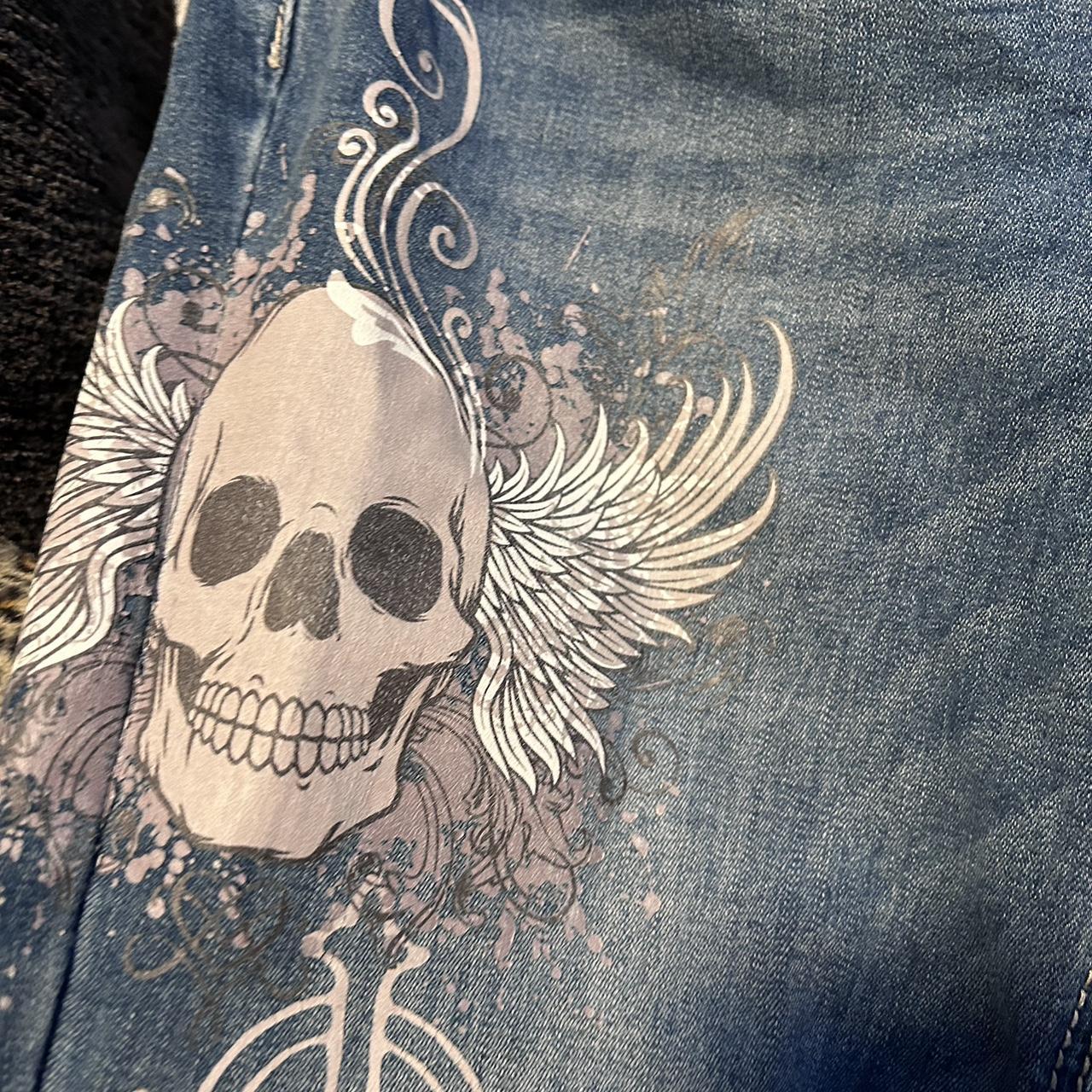 Hot Topic mid rise flared jeans with skull and cross... - Depop