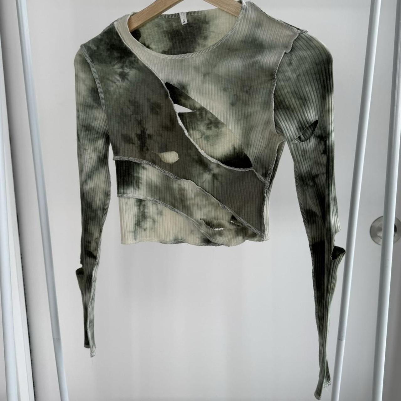 Bleach khaki green tie dye ribbed raw exposed seams... - Depop