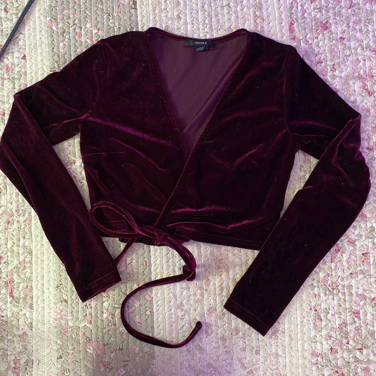 forever 21 maroon velvet wrap top with side tie... - Depop
