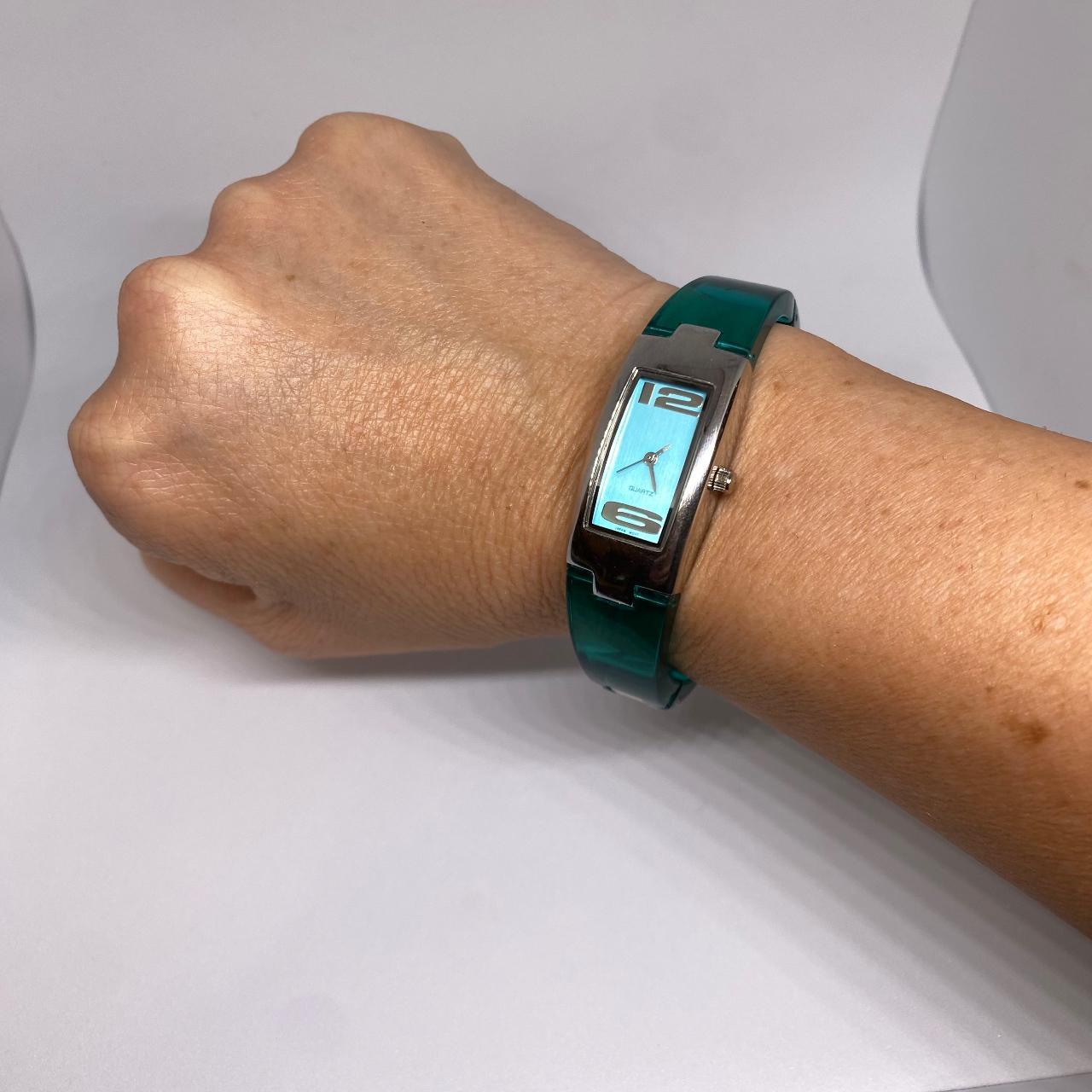 90's Style Green bangle cuff watch with silver tone... - Depop