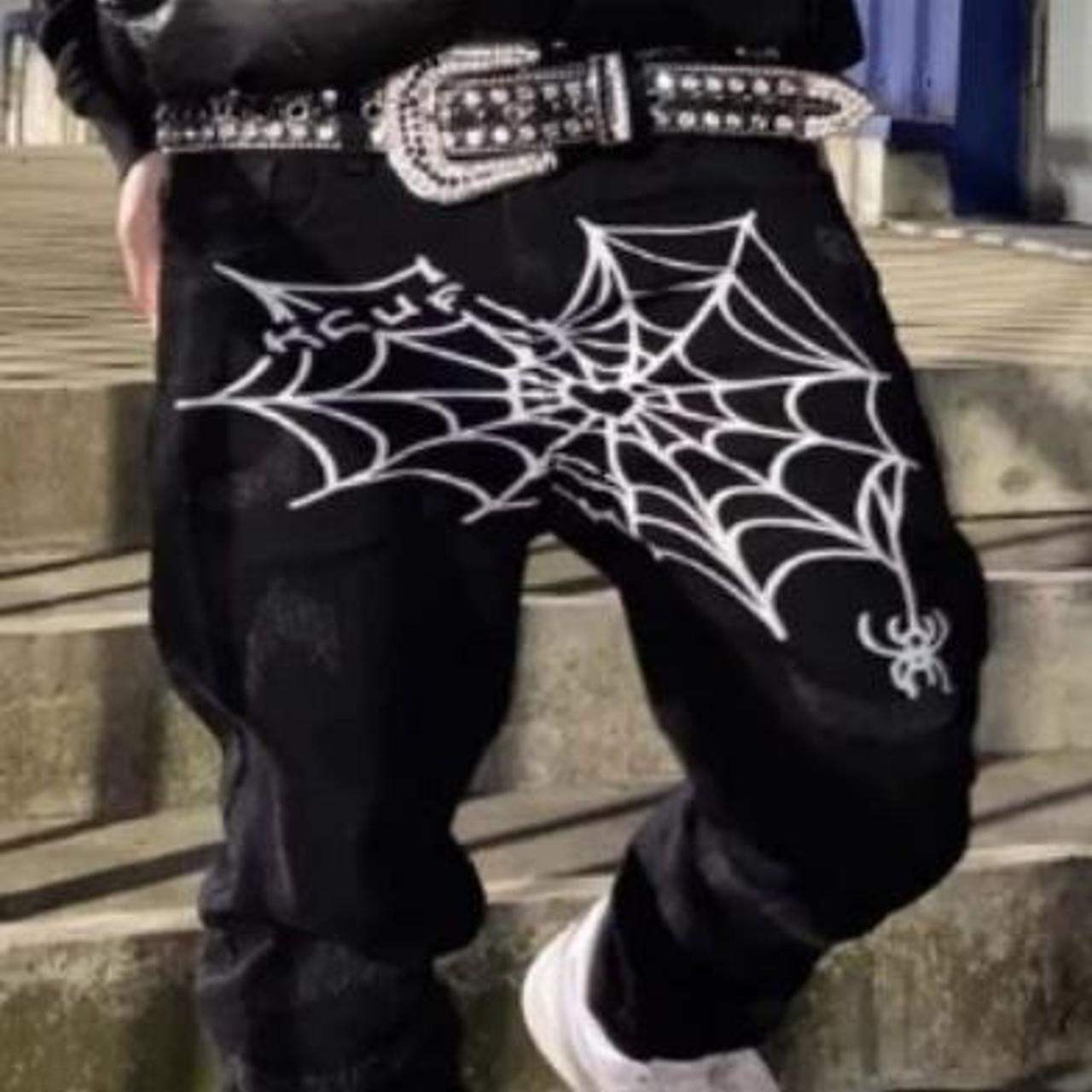Y2K Baggy Spider Web Heart Jeans - Depop