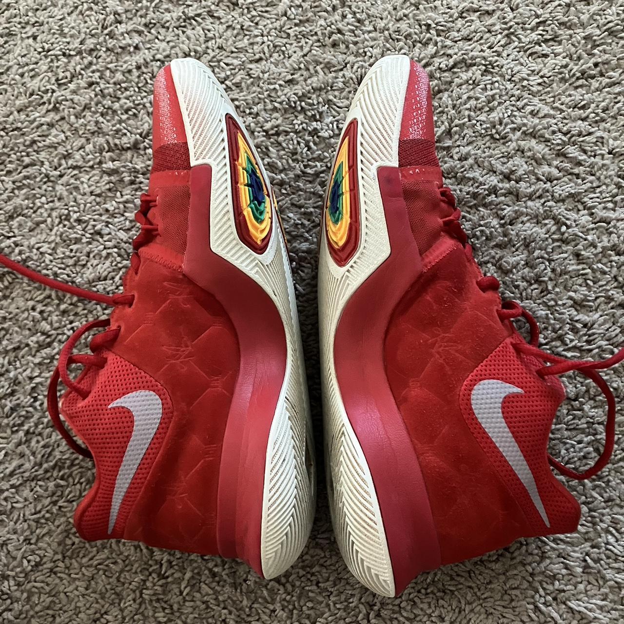red kyrie 3 used harshly- NO INSOLES men’s size 9.5 - Depop