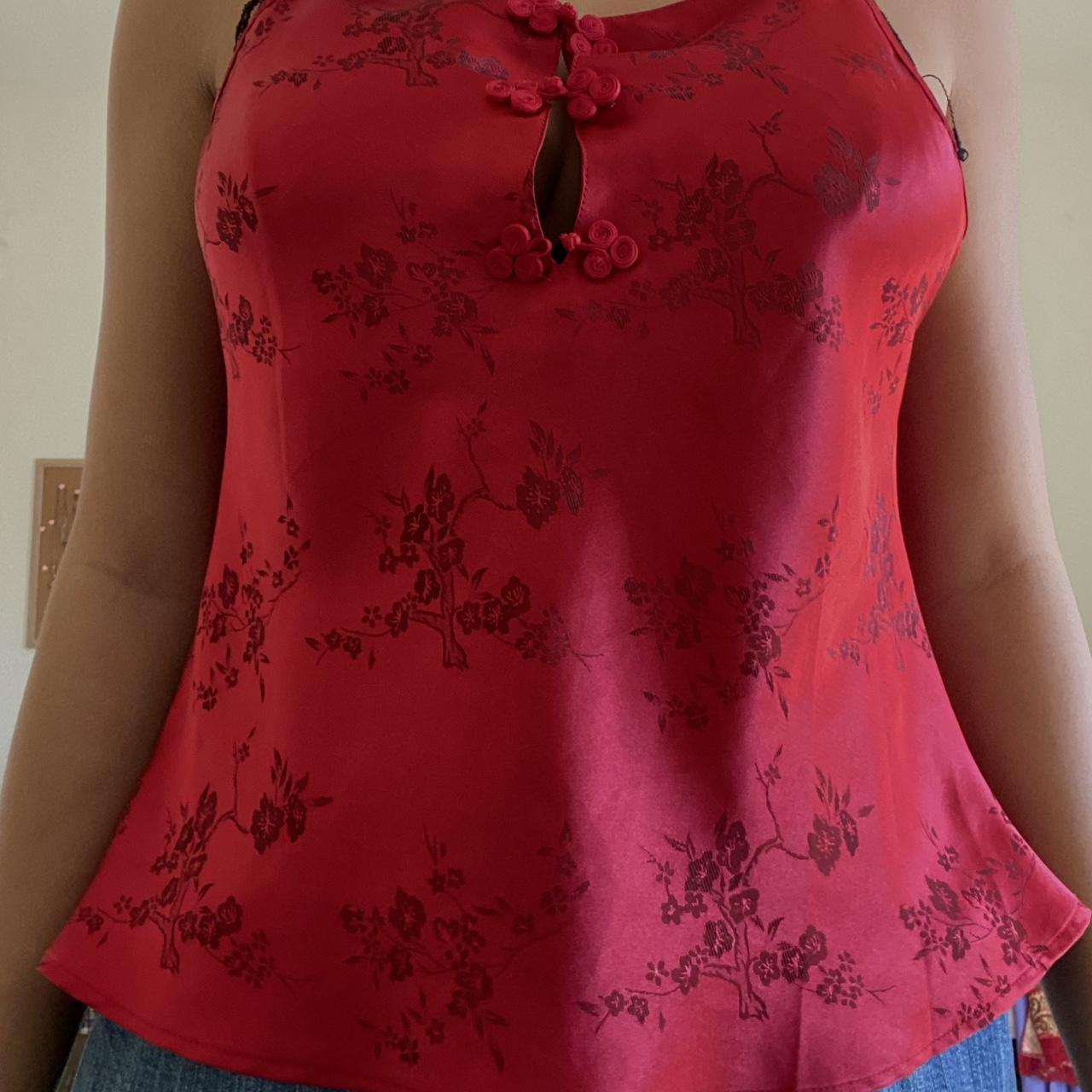 Red silk tank top with flower design Small tear on... - Depop