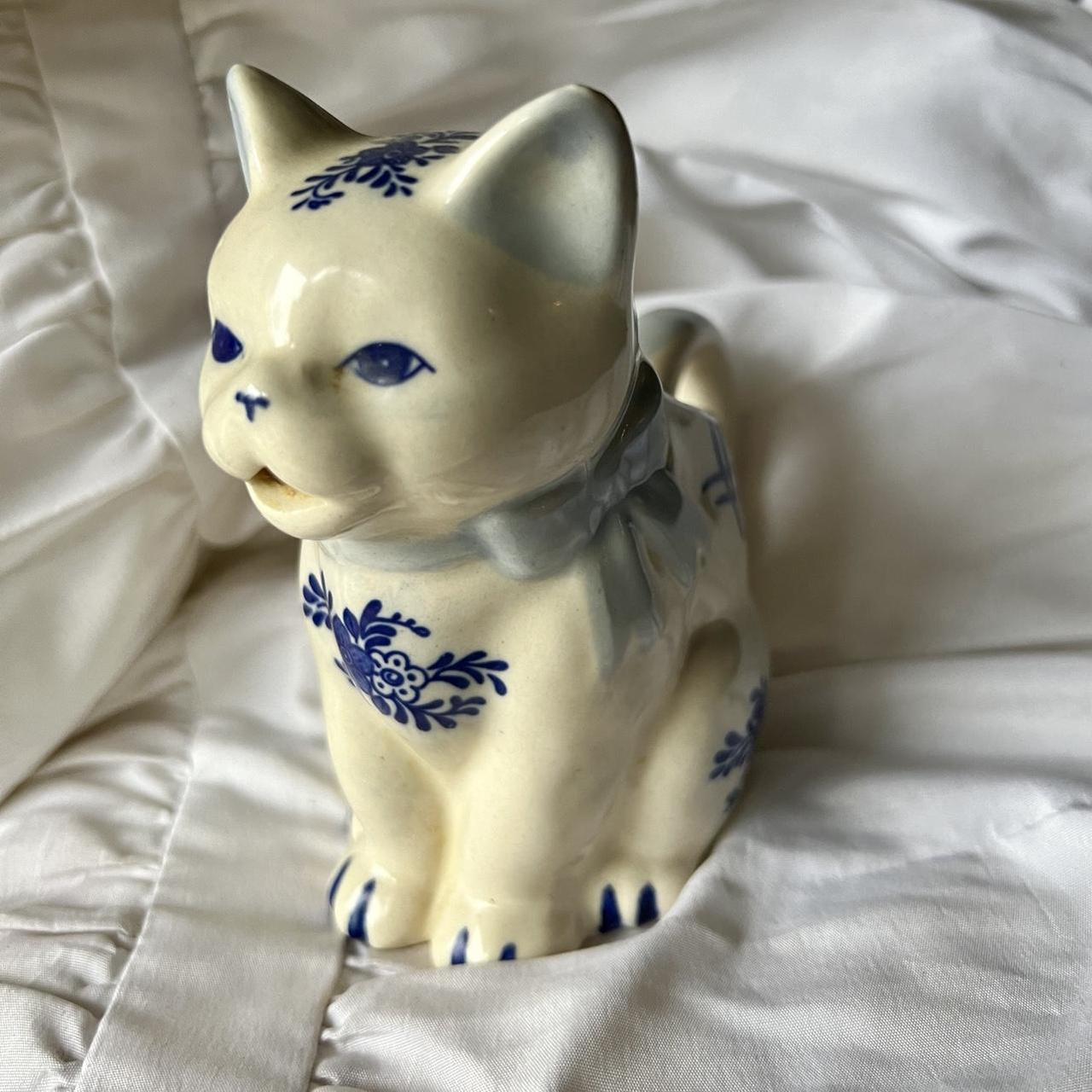 hand painted blue and white ceramic cat creamer . - Depop