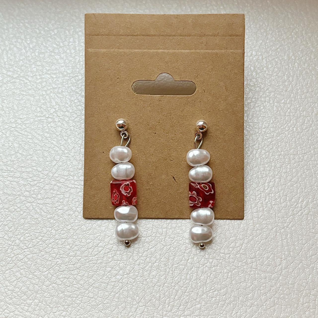 Pearl & Red Square Gem, Handmade Dangle Earrings -... - Depop