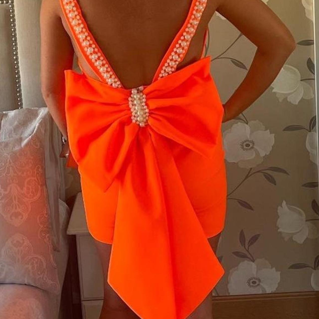 Orange backless dress with pearl detail and headband... - Depop