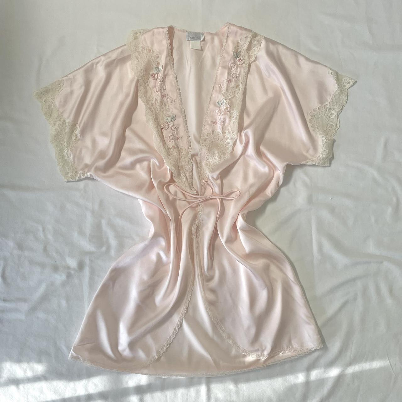 ☁️ Vintage Coquette Baby Pink Satin Robe w Lace &... - Depop