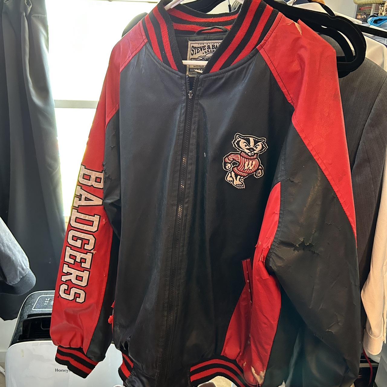 Wisconsin Badgers leather bomber varsity jacket with... - Depop