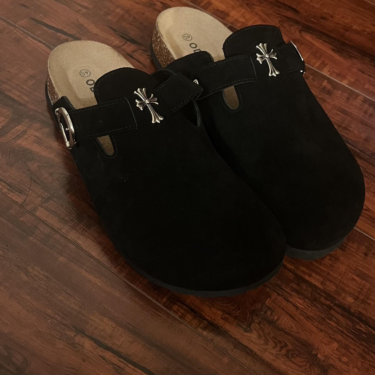 custom black chrome heart style clogs fits like a... - Depop