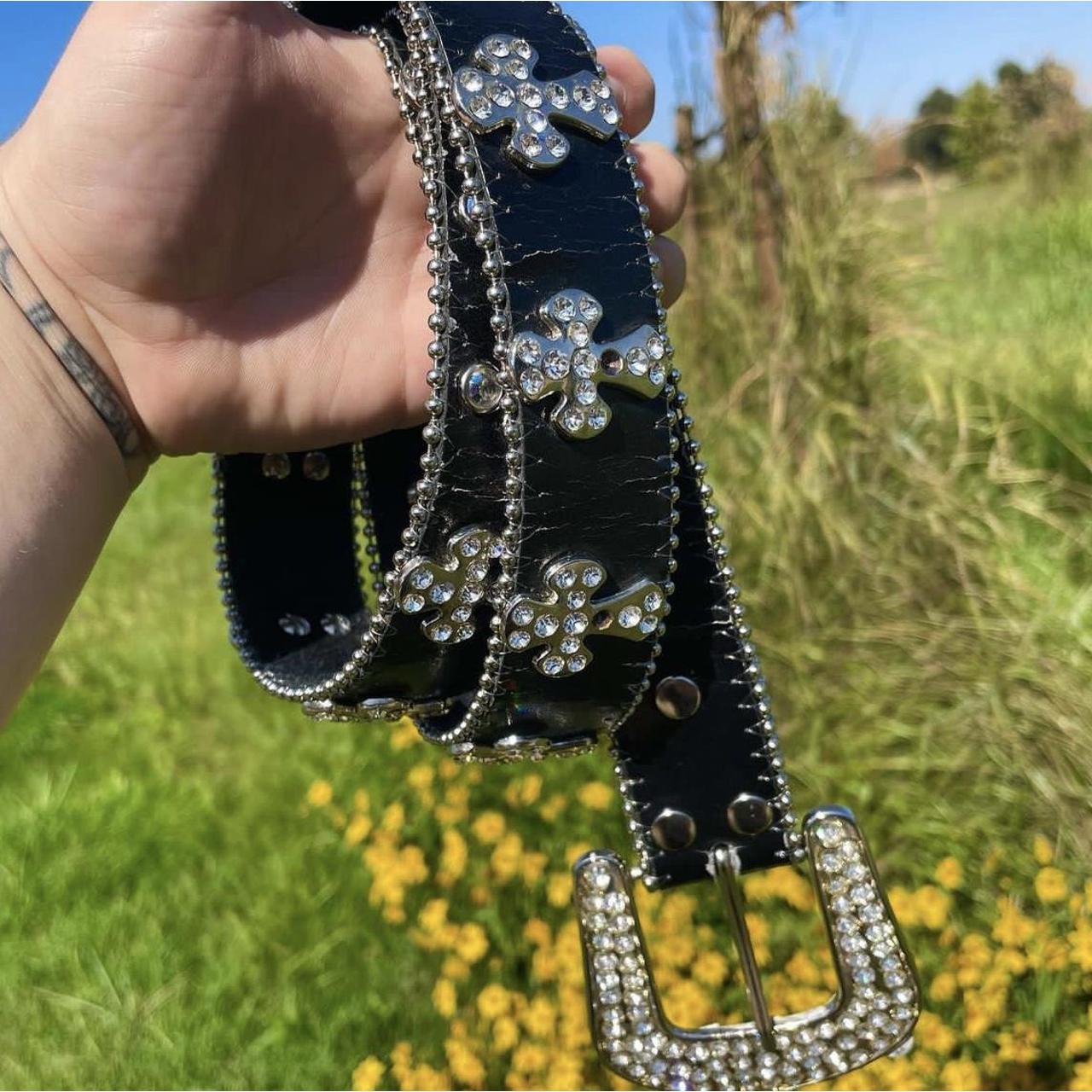 Western Black Leather Rhinestone Cross belt - Depop