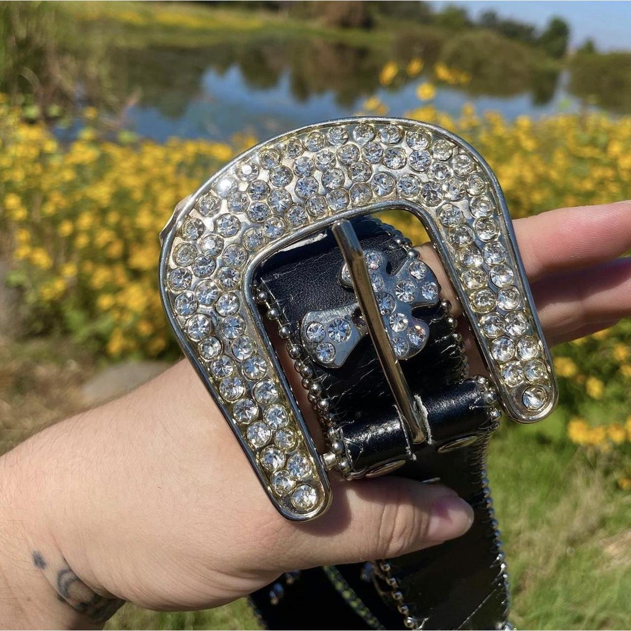 Western Black Leather Rhinestone Cross belt - Depop
