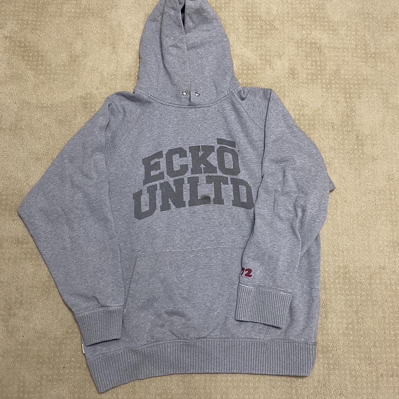 Y2K gray ecko hoodie size large minior stain in... - Depop