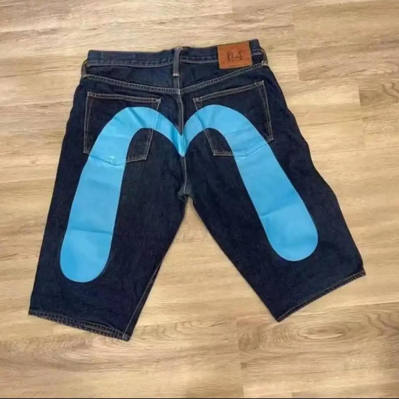 evisu blue jean shorts Waist size 30 - Depop