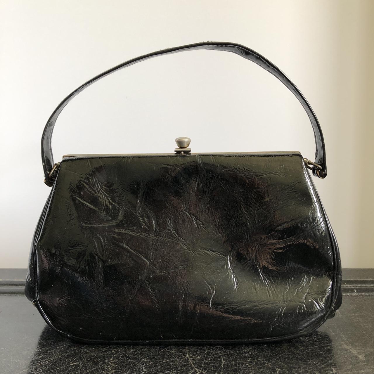 60s Lennox Small Textured Shiny Black Vinyl... - Depop